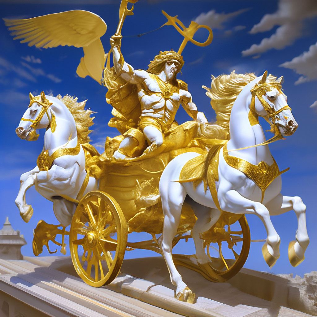 "Golden chariot of Zeus with winged white horses" — image created in ...