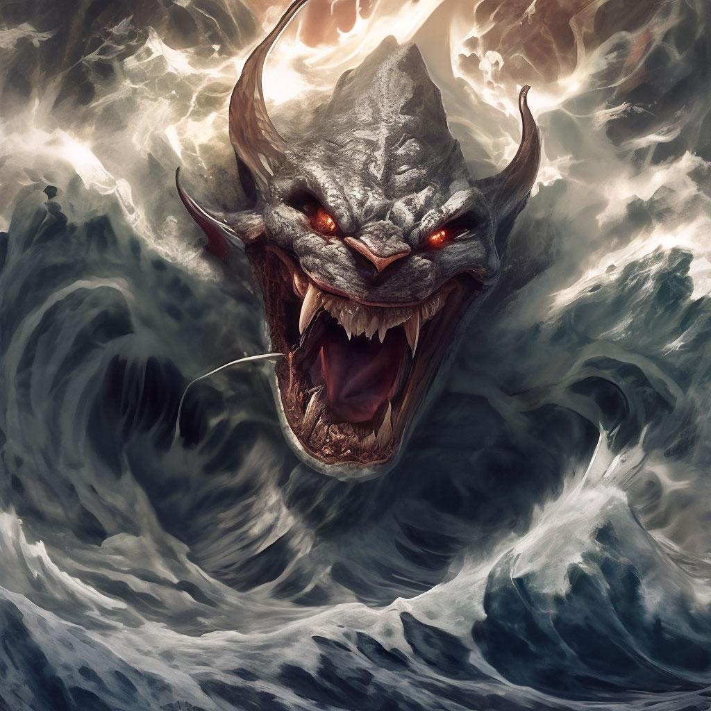 "Tsunami wave in the form of a grinning demon's mouth, fantasy ...