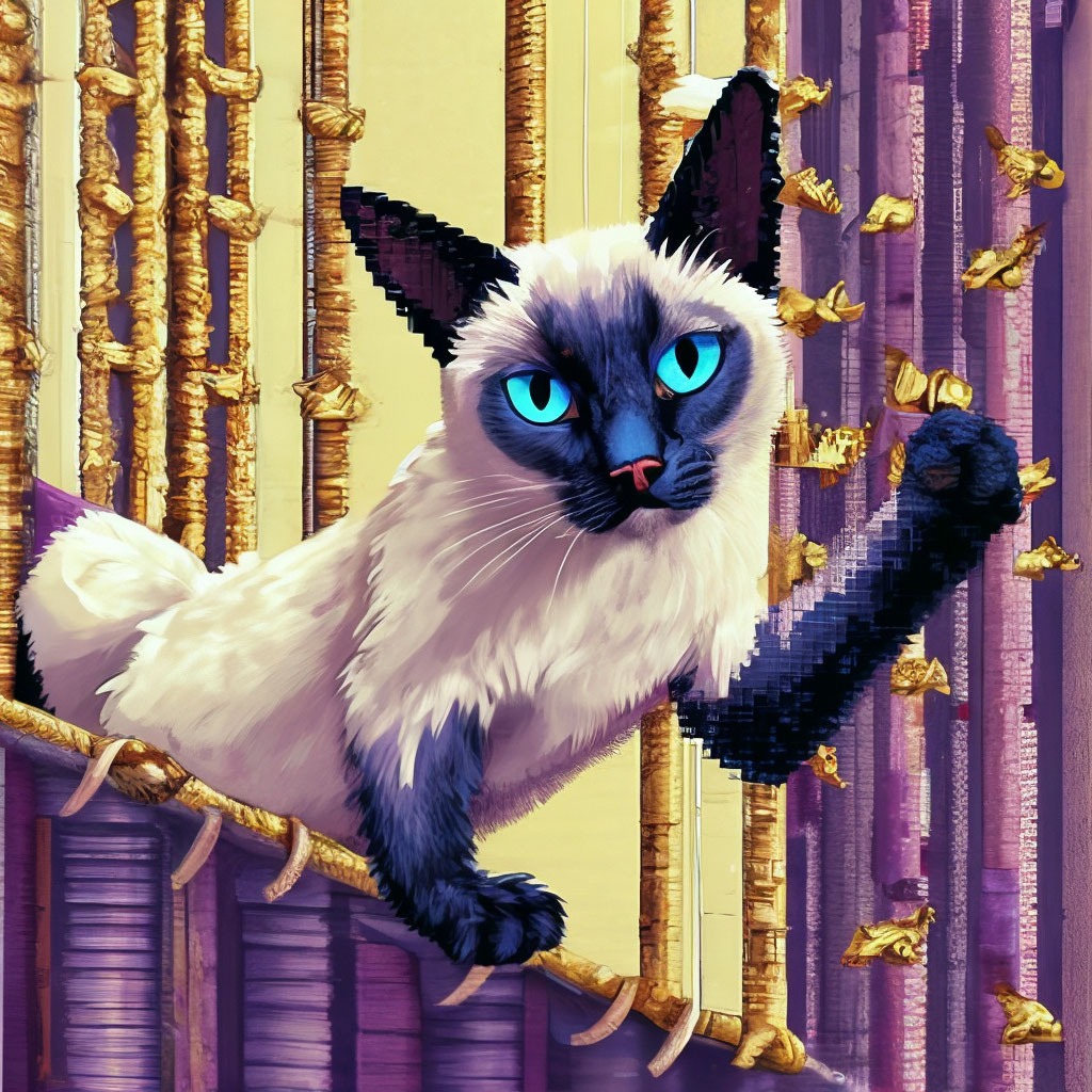 "The Siamese cat climbs the curtain rods, clings to the claws with its ...