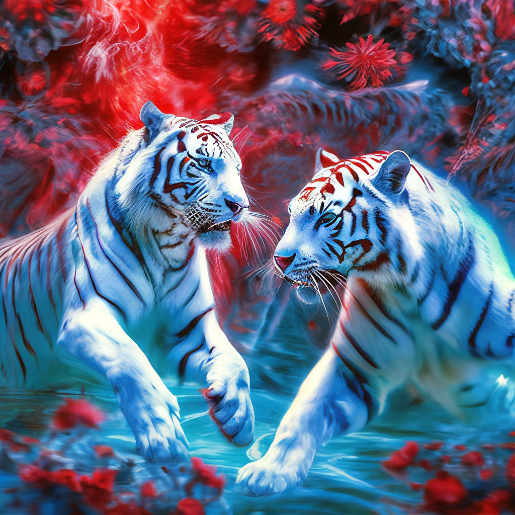"Aquamarine pair White Tigers In a crimson glow, Dancing in a complex ...