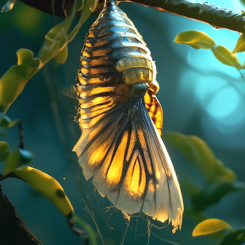 "Transparent cocoon of caterpillar pupa, cocoon hanging on a tree ...