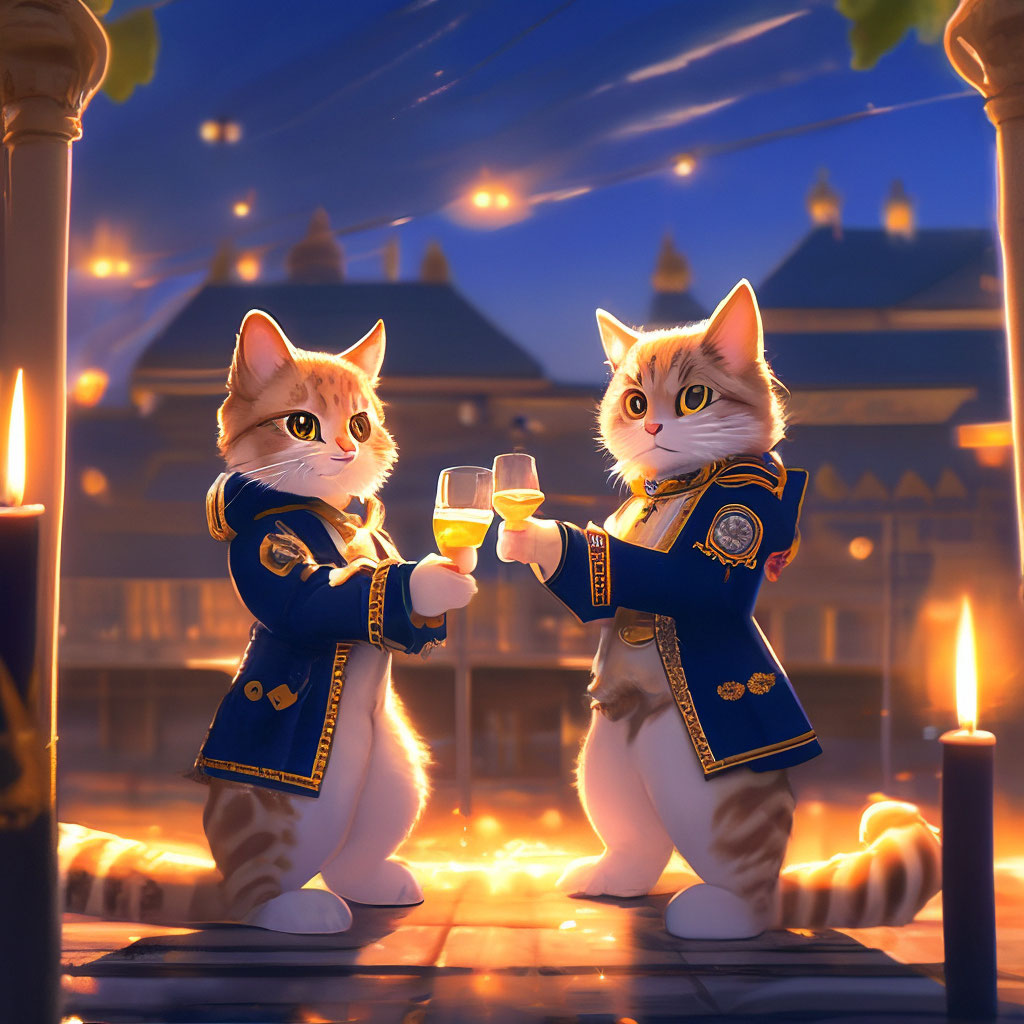 "Seals two young cats, hussars, uniform, raised glasses, clink glasses ...