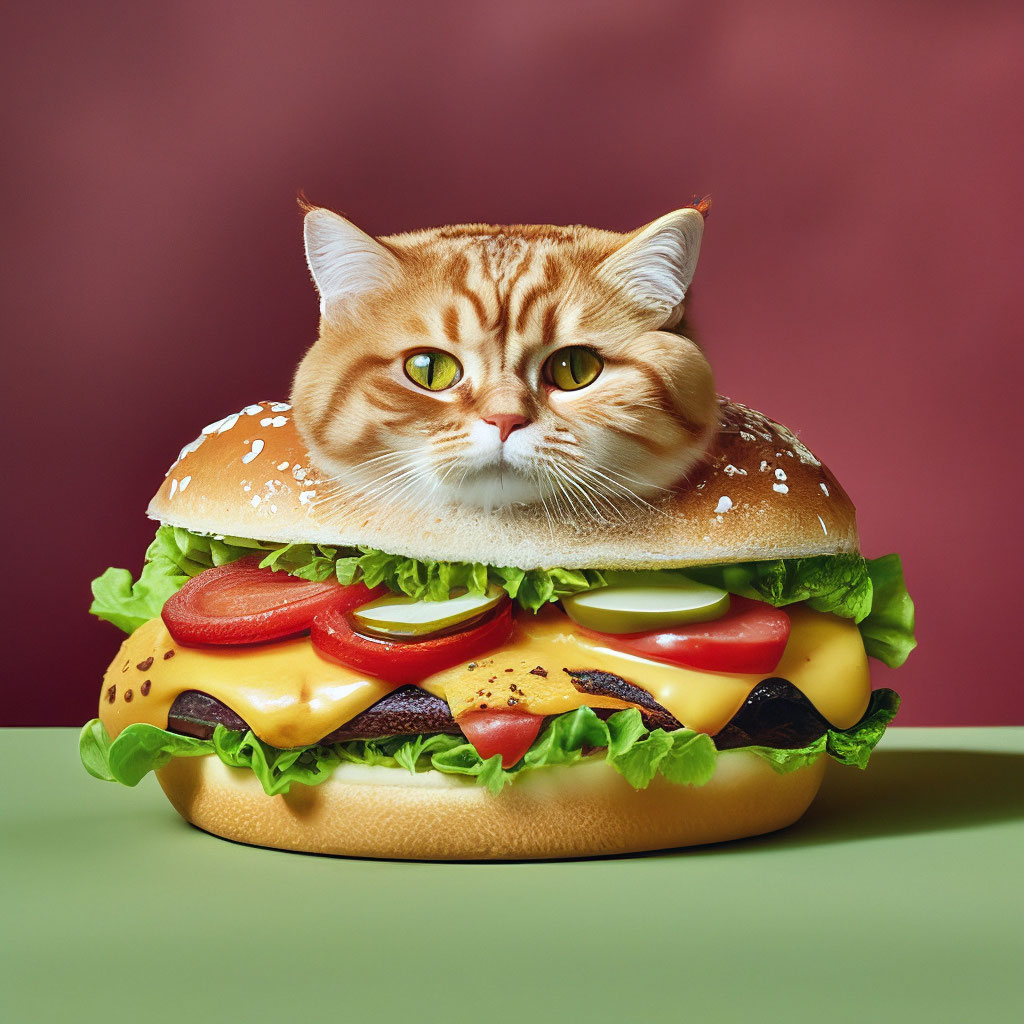 "A cat in the form of a burger" — image created in Shedevrum