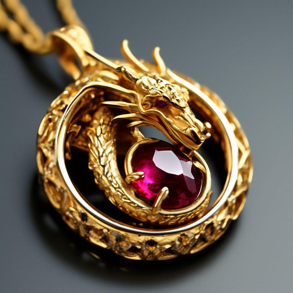 "Realistic gold pendant with a ruby in the shape of a dragon, filigree ...