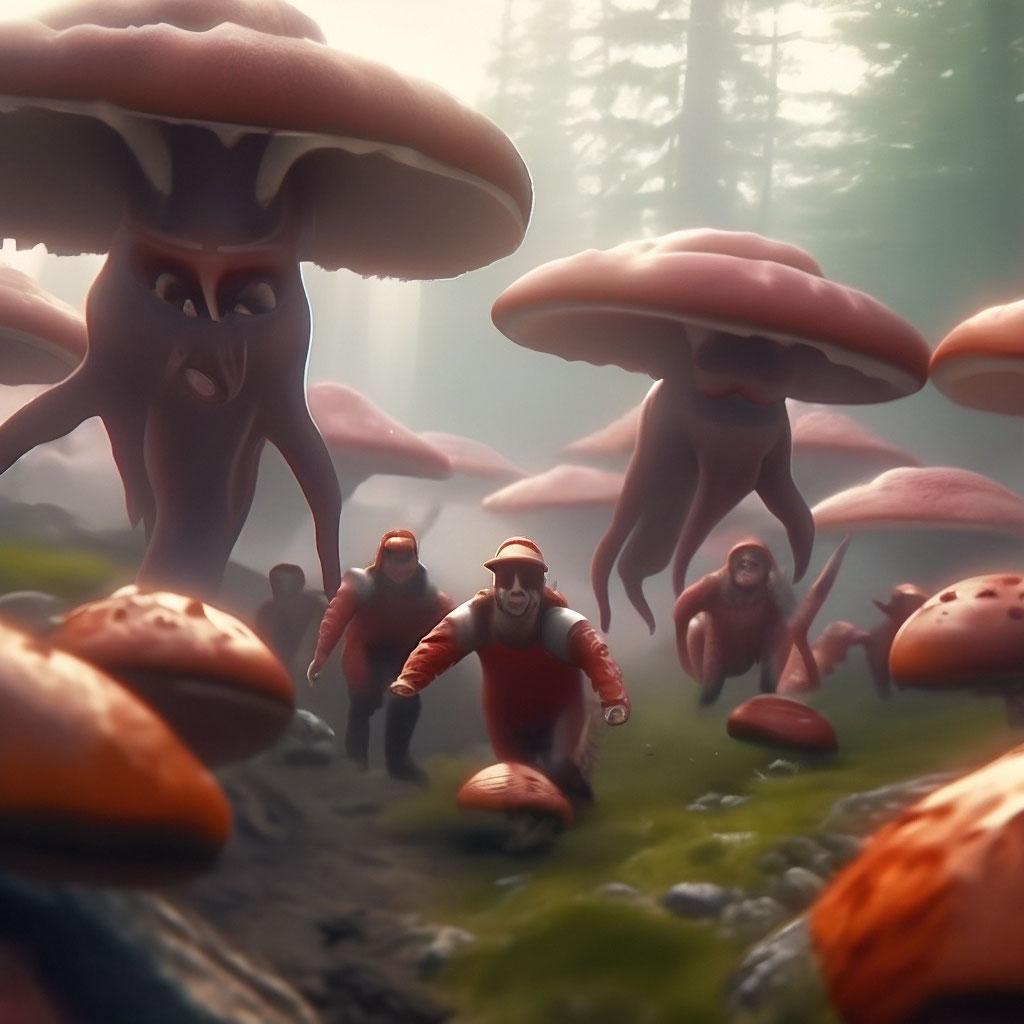 "Huge toothy mushroom monsters running after mushroom pickers, realism ...