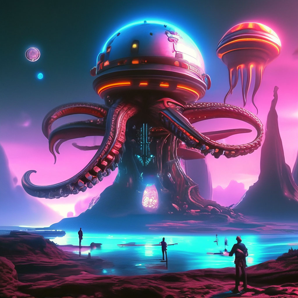 "Landscape of a planet where aliens live with an octopus head, human ...