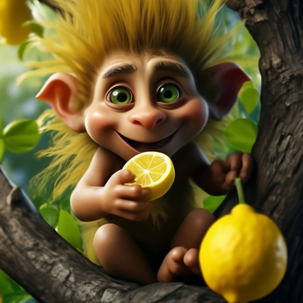 "A cute little washed-up troll eats a juicy lemon on a tree ad, 3D, 4K ...