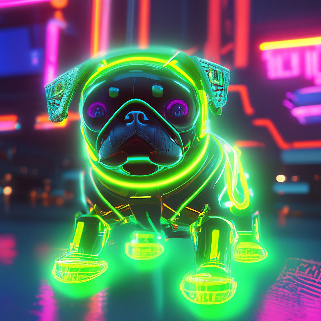 "A pug made of lime glowing substance flies through the air, cyberpunk ...