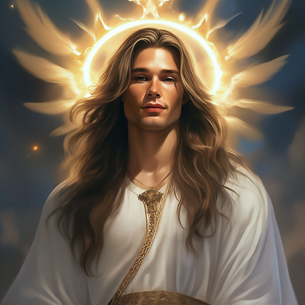 "Handsome man, long hair, a halo over his head" — image created in ...
