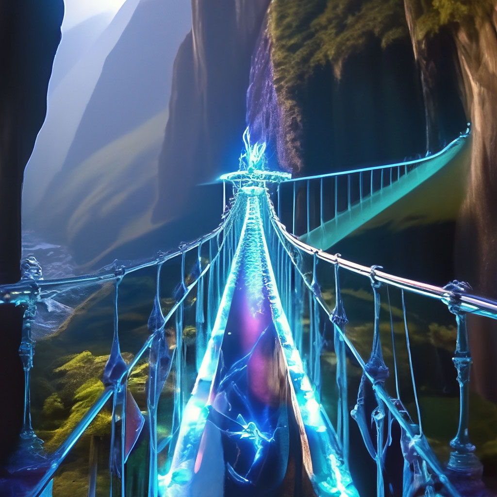 "Crystal elegant suspension bridge high in the gorge above the mountain ...