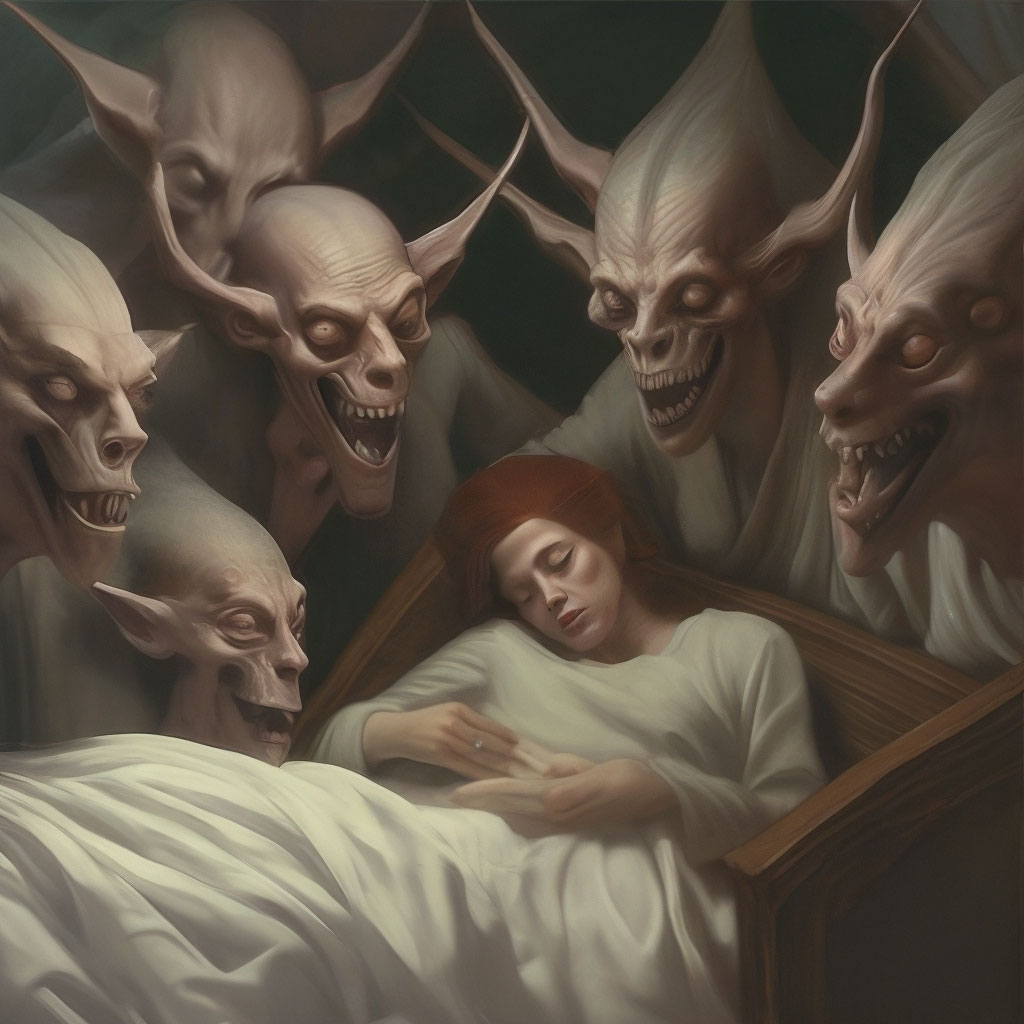 "Demons are watching a person who is sleeping" — image created in Shedevrum
