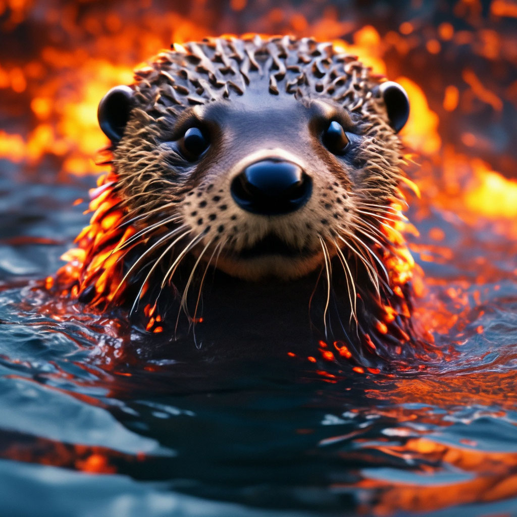 "Otter in fire and water,Night time,8K,high detail, beautiful scene ...
