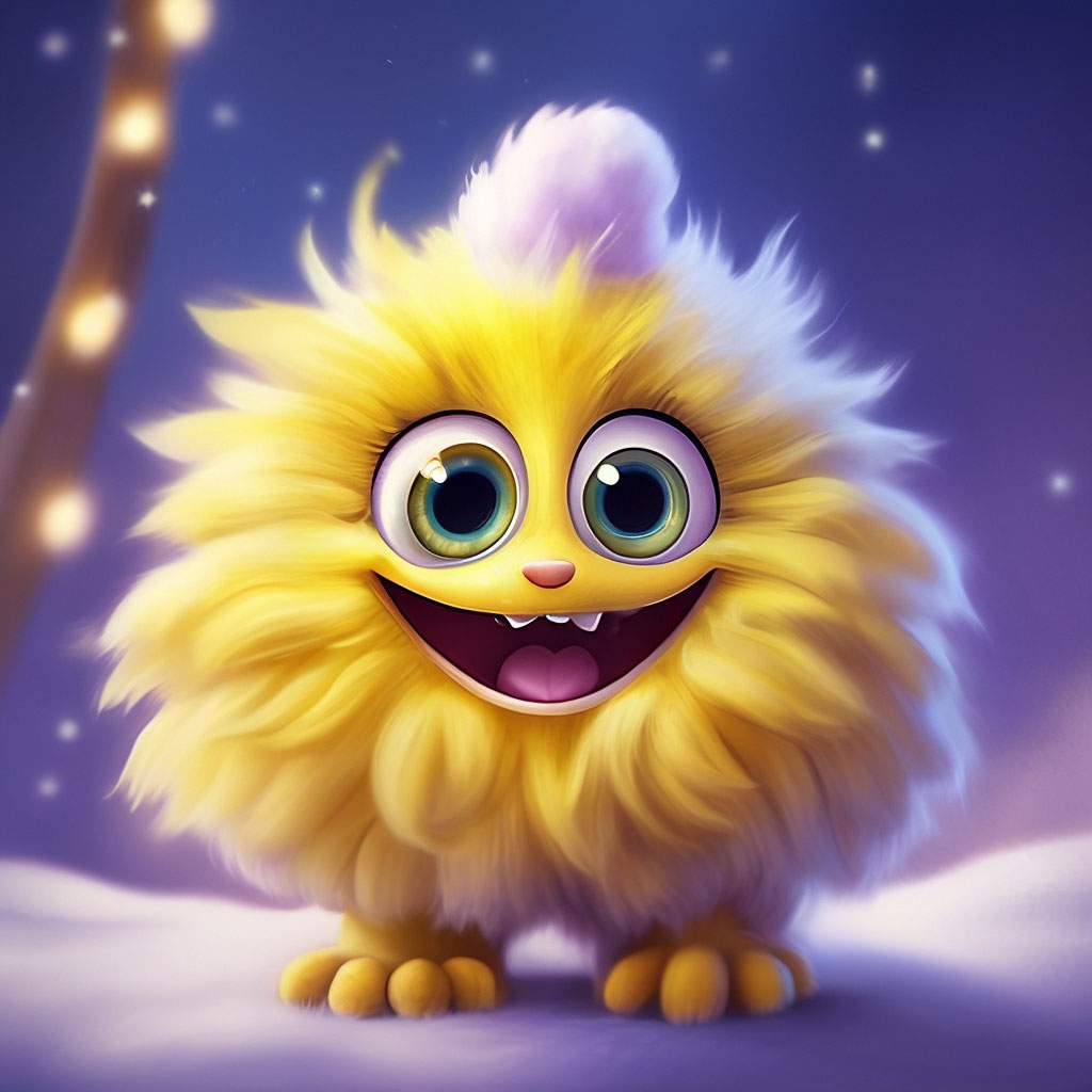 "One-eyed cute fluffy cloud-shaped lilac-yellow creature with a large ...