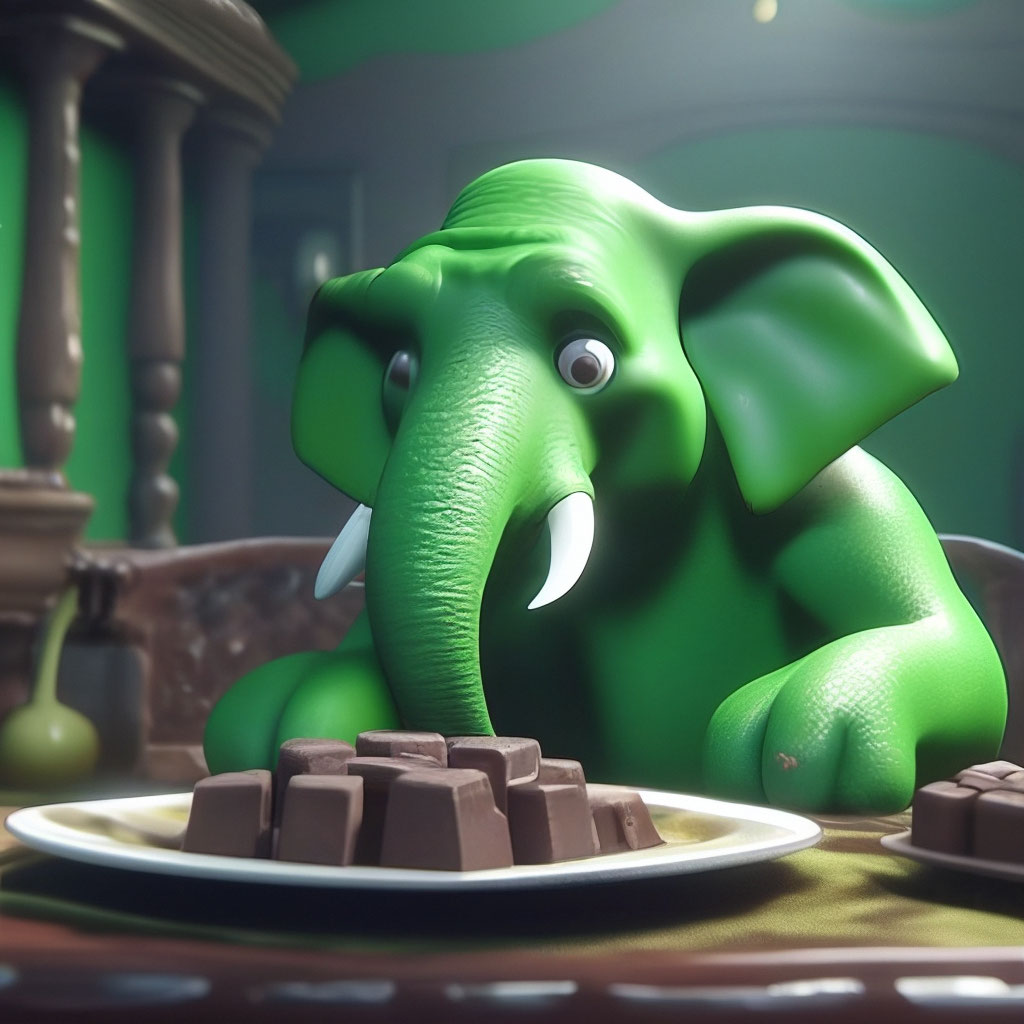 "A green elephant with big SpongeBob eyes, sitting in a swamp-green ...