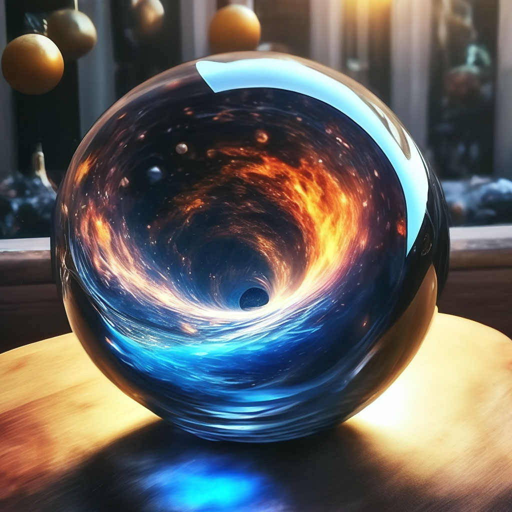 "A black hole inside a glass ball, super realism, space inside a ball ...
