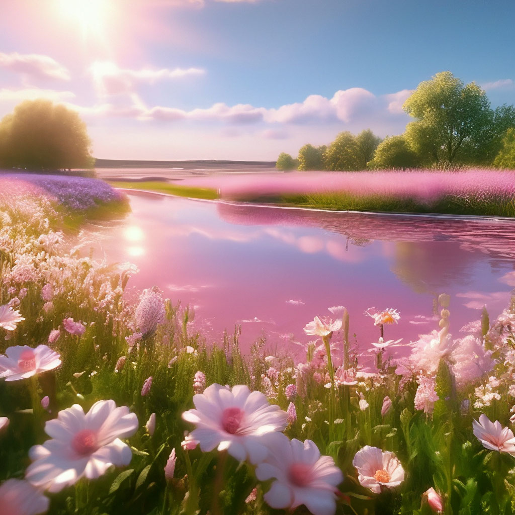 "Pale pink lake with white highlights, fields near covered with bright ...