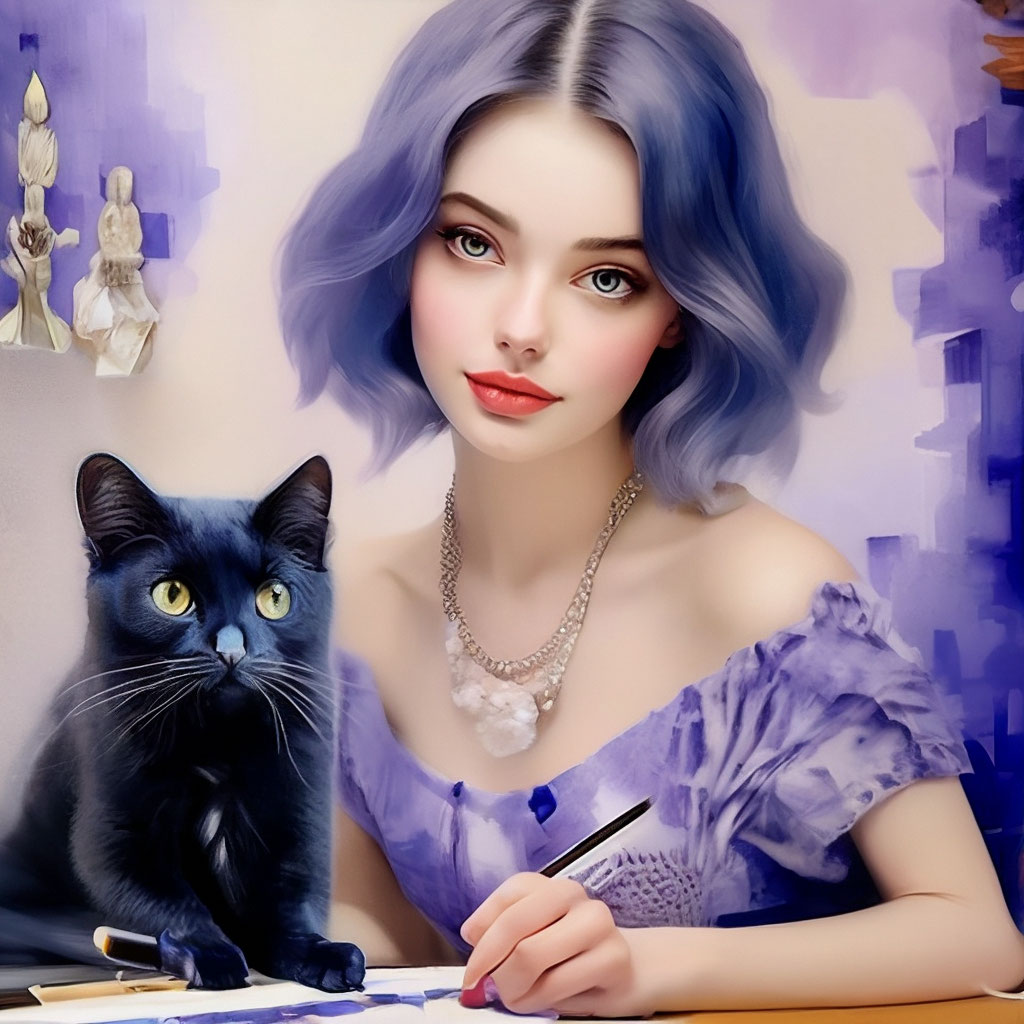 "A beautiful artist is sitting at a table,drawing a cat, long eyelashes ...