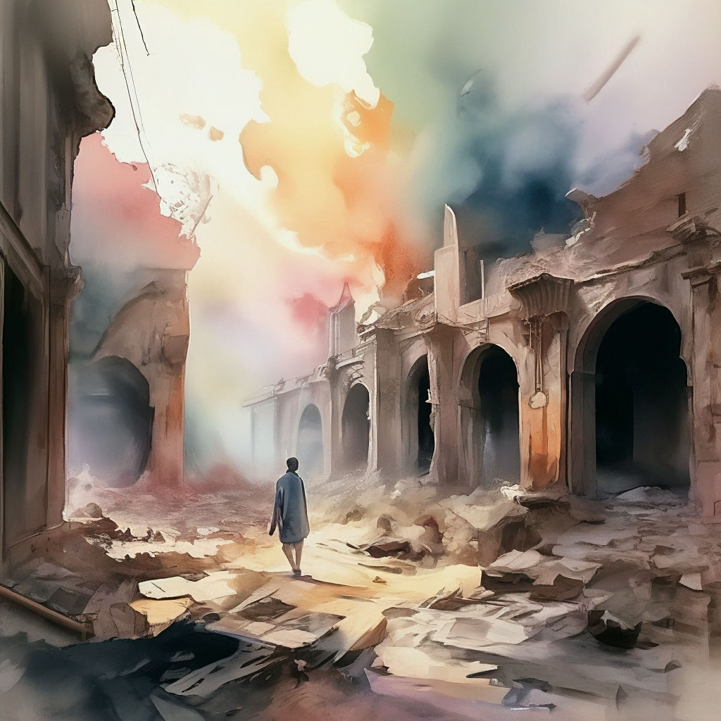 "Watercolor complete ruin" — image created in Shedevrum