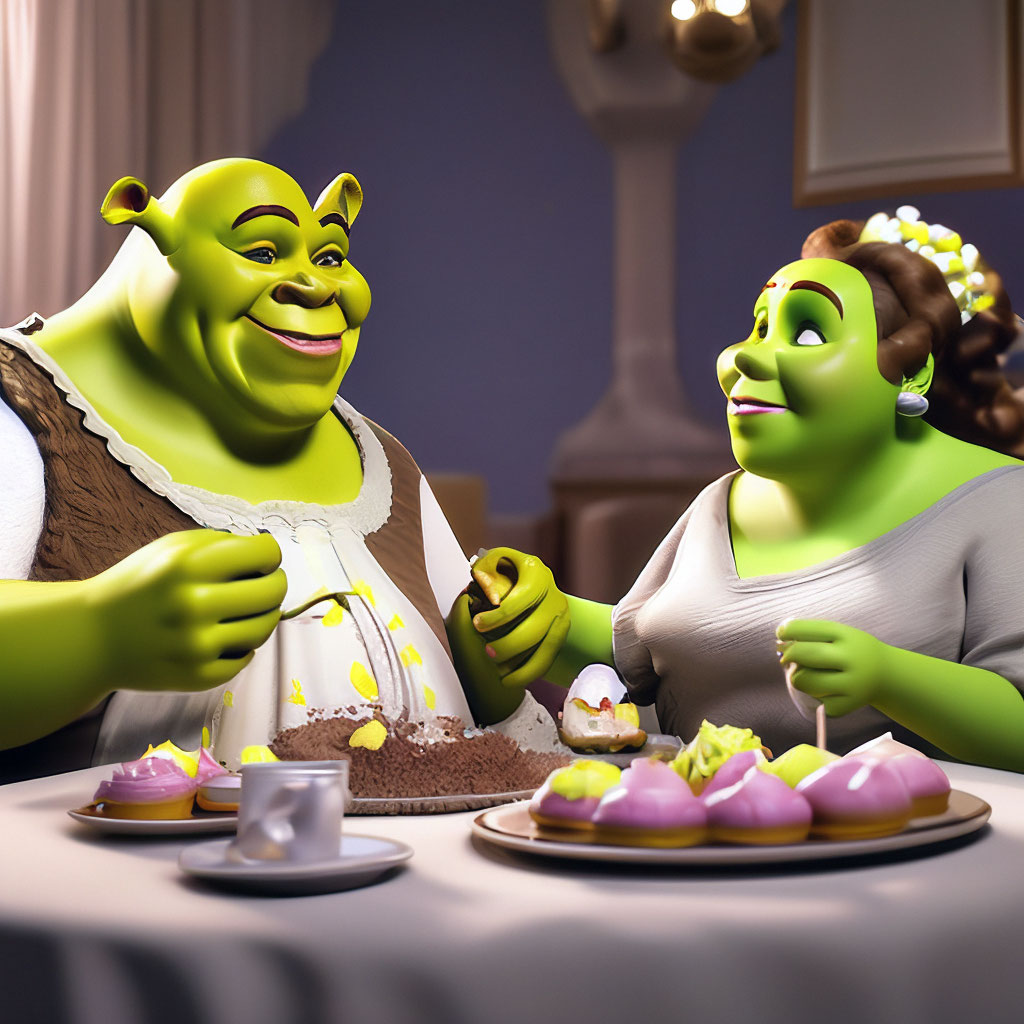 "Fat Fiona- Shrek's wife and Shrek eating cake sitting at the table in ...