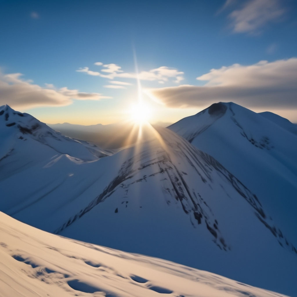 "Snow-covered Elbrus, clear weather, sun between two mountains, soft ...