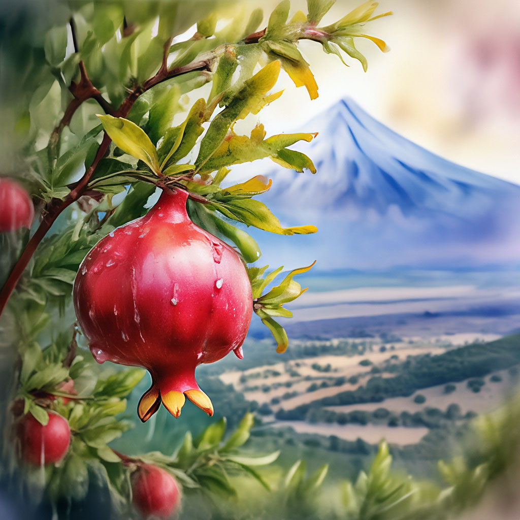 "Pomegranate tree, Ararat background, rain, watercolor, computer ...