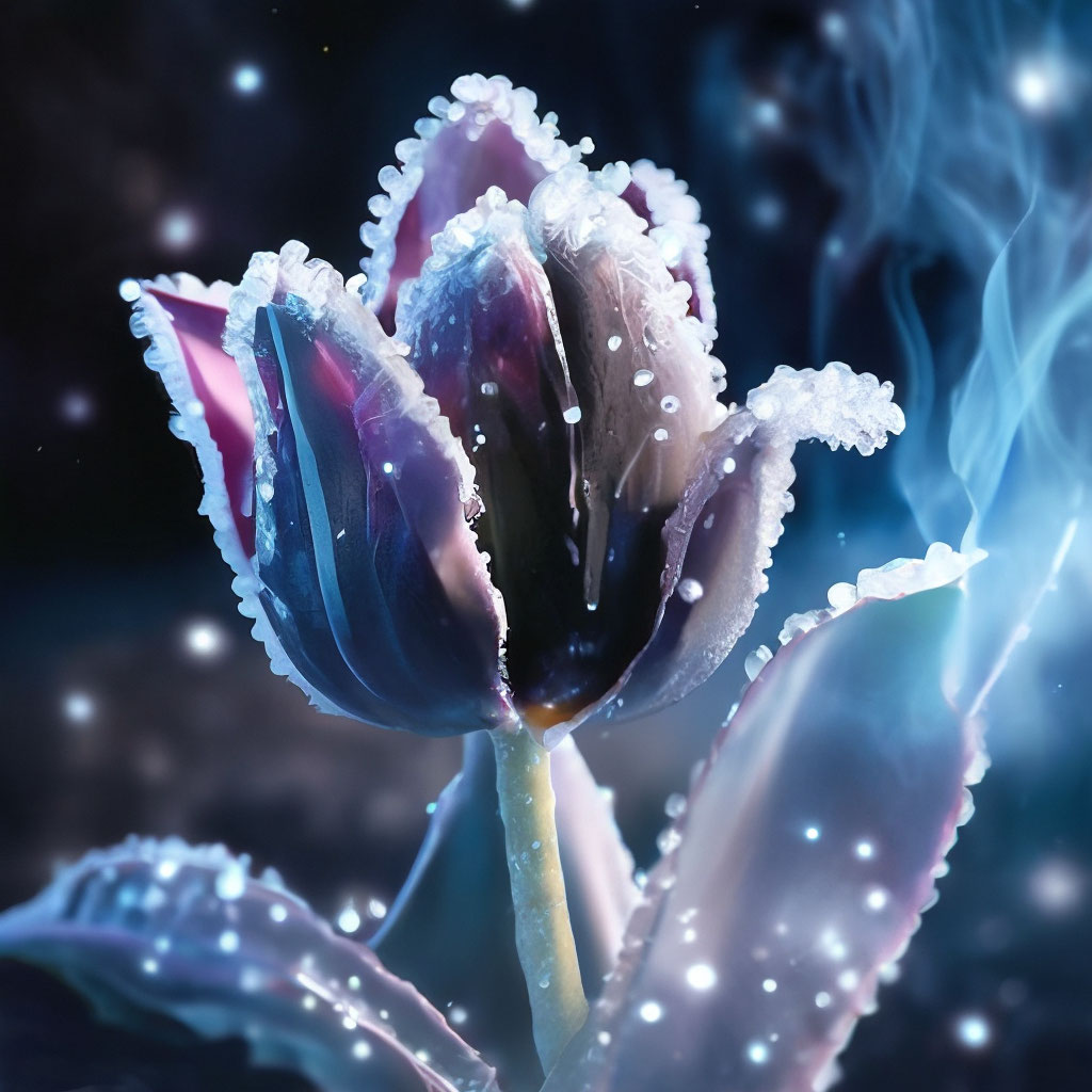 "Frozen black tulip flower, the edges of the petals are covered with ...