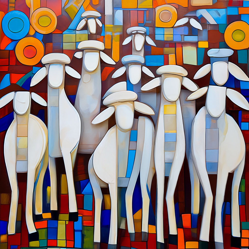 "A herd of cute white sheep , primitivism, mosaic, naive art, modernism ...