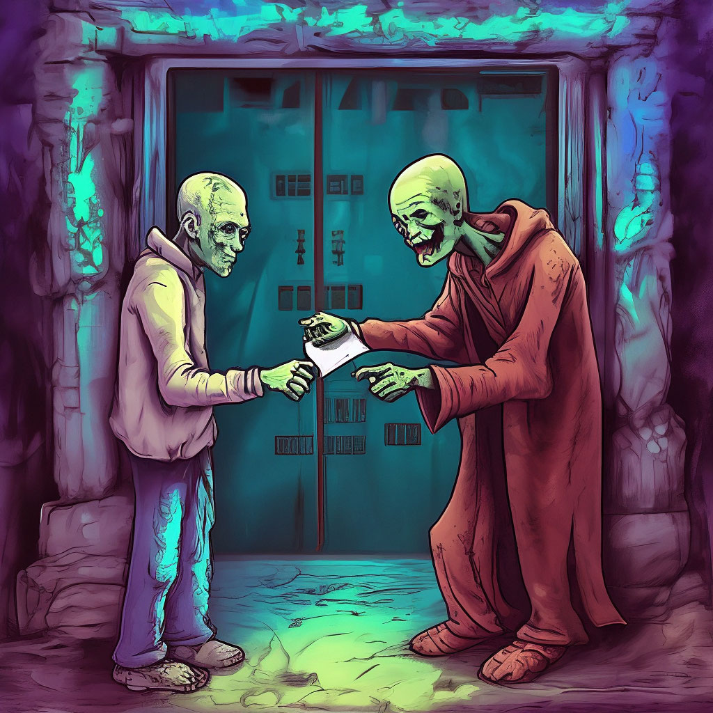 "Zombie gives entrance tickets to people, before entering the gate to ...