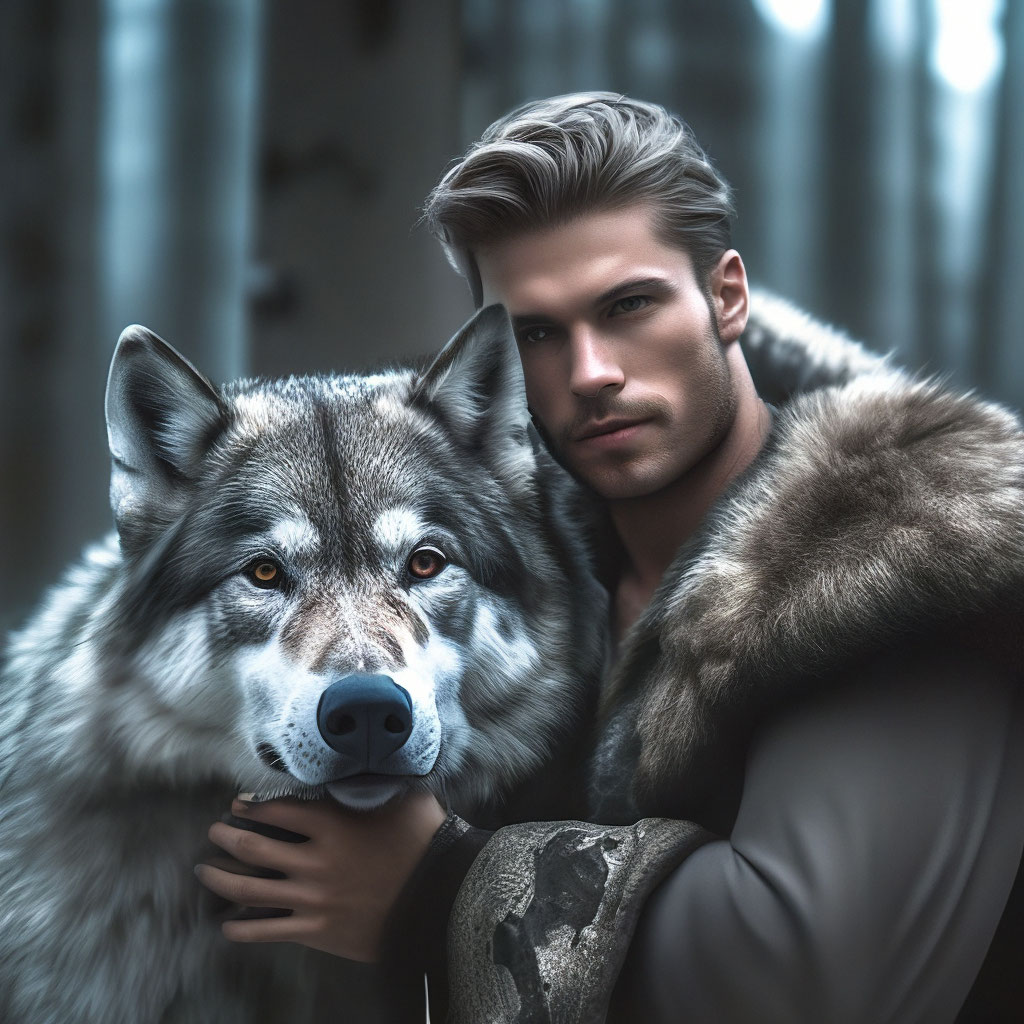 "Handsome man with a wolf, fantasy, aesthetic, beautiful, realistic ...