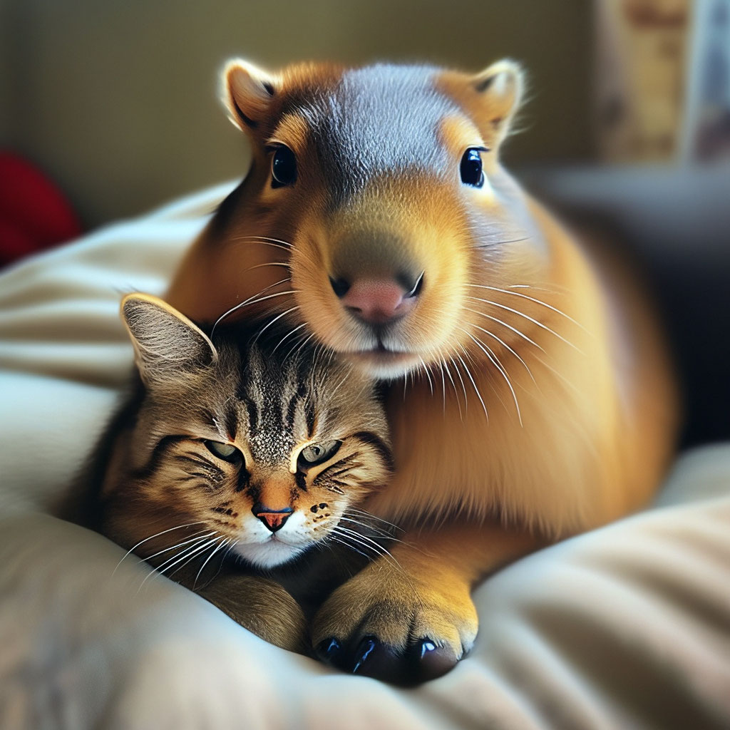 "Capybara cuddles with a cat" — image created in Shedevrum