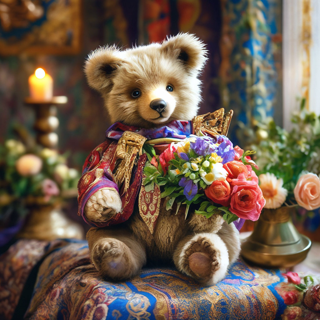 "Teddy bear with a bouquet in the style of zhostovo, Russia, fabulous ...