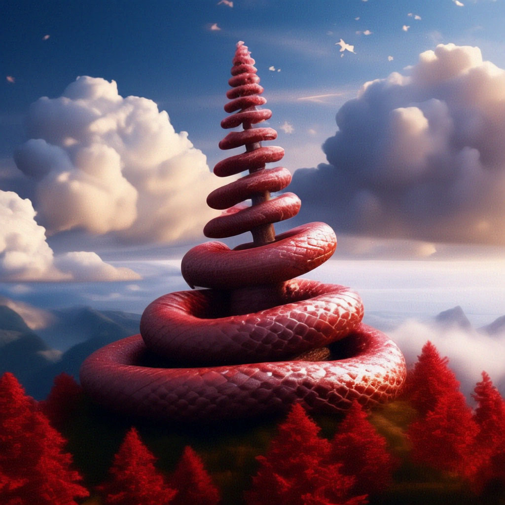 "A magical snake on a Christmas tree at the top of a mountain ...