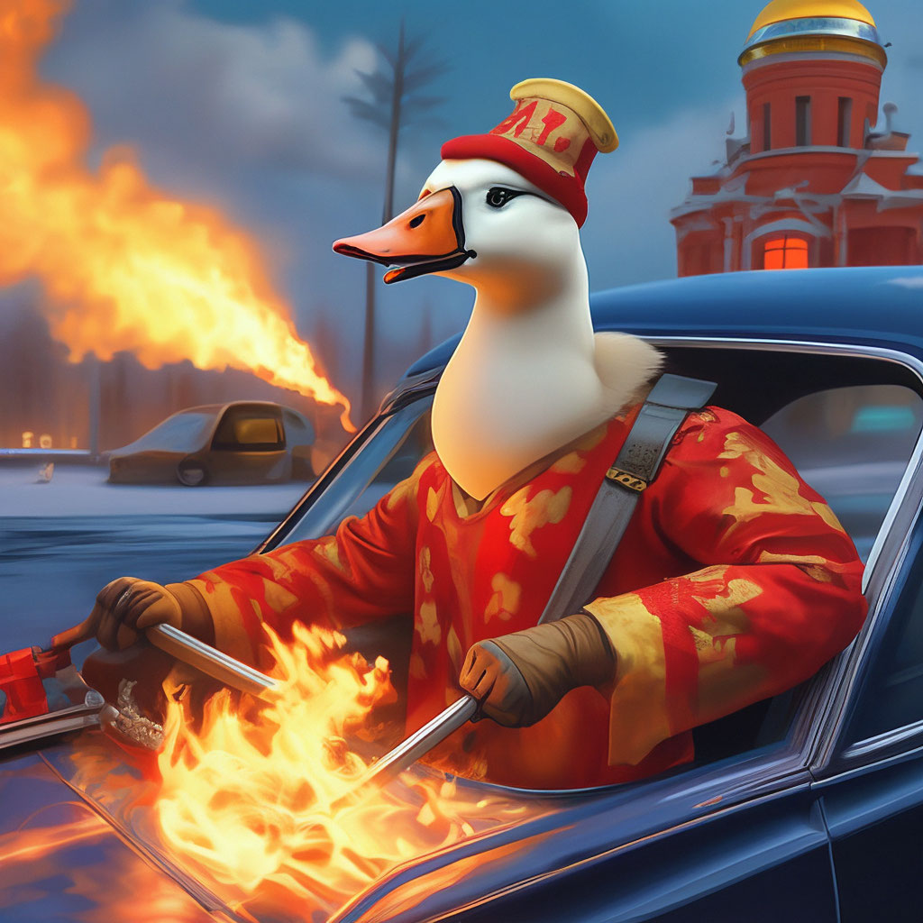 "A fire-eating goose in a lada and dressed like a gopnik" — image ...