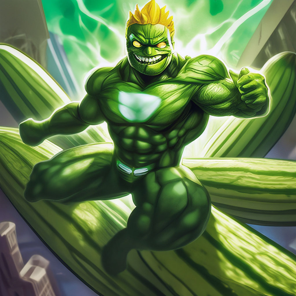 "Zucchini man, superhero" — image created in Shedevrum