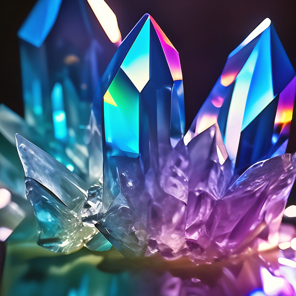 "Crystal, amethyst glow, blue backlight, rainbow lighting, realistic ...
