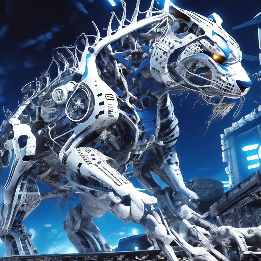 "Blue mechanical tiger jumping in space, laceration skeleton anatomy ...