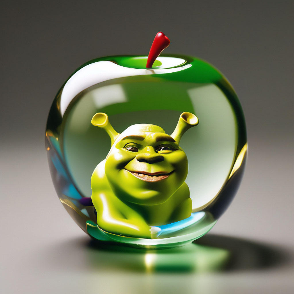 "A glass apple with Shrek inside" — image created in Shedevrum