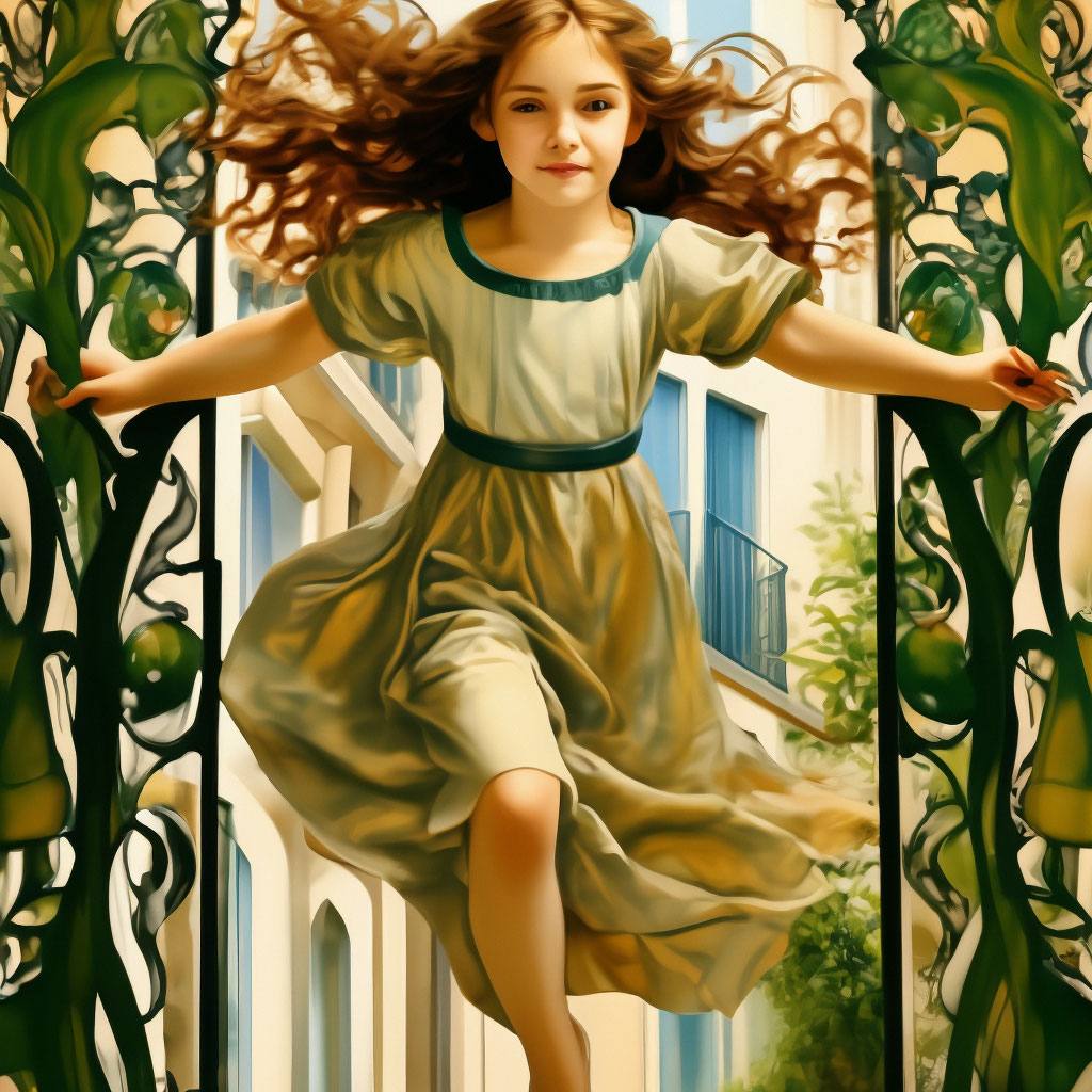 "An Art Nouveau crayon drawing, decor, an eleven-year-old girl flying ...
