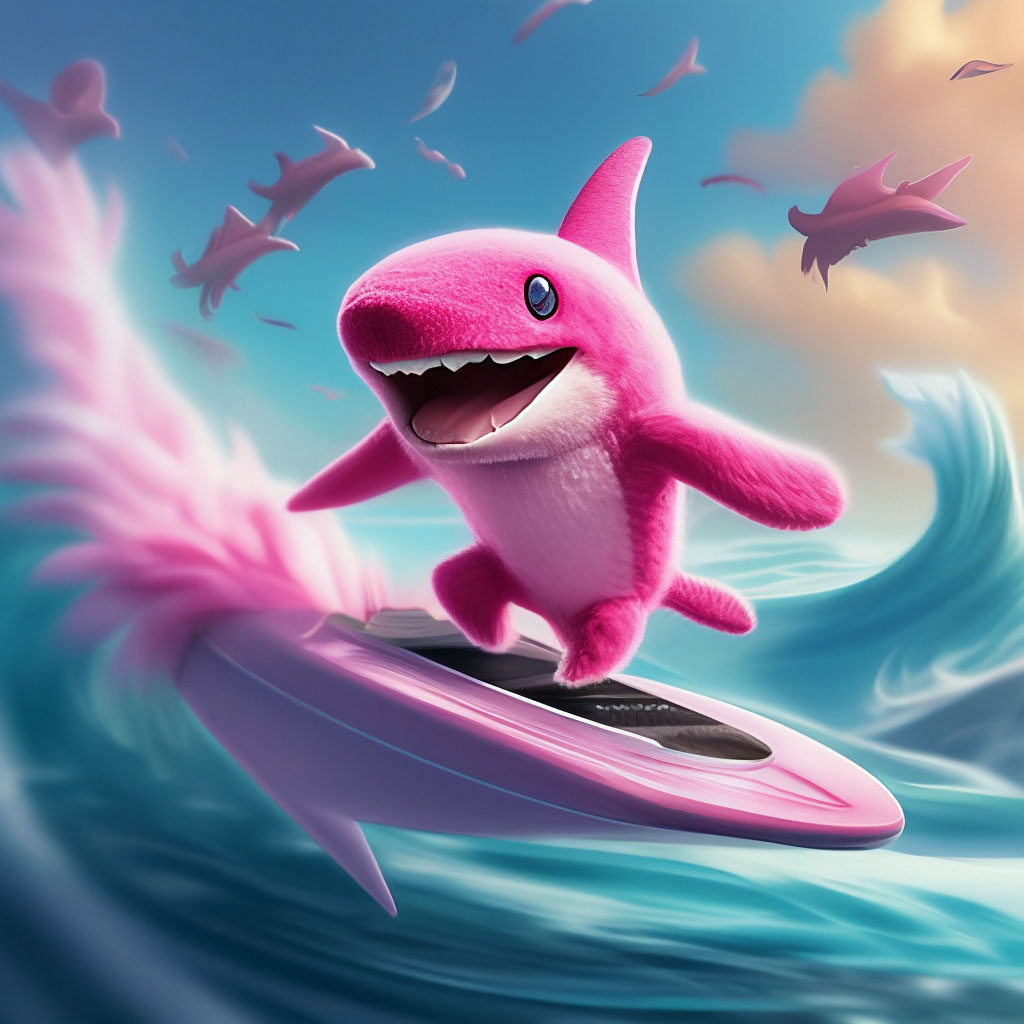 "A very fluffy pink shark is racing around the ocean on a foilboard ...