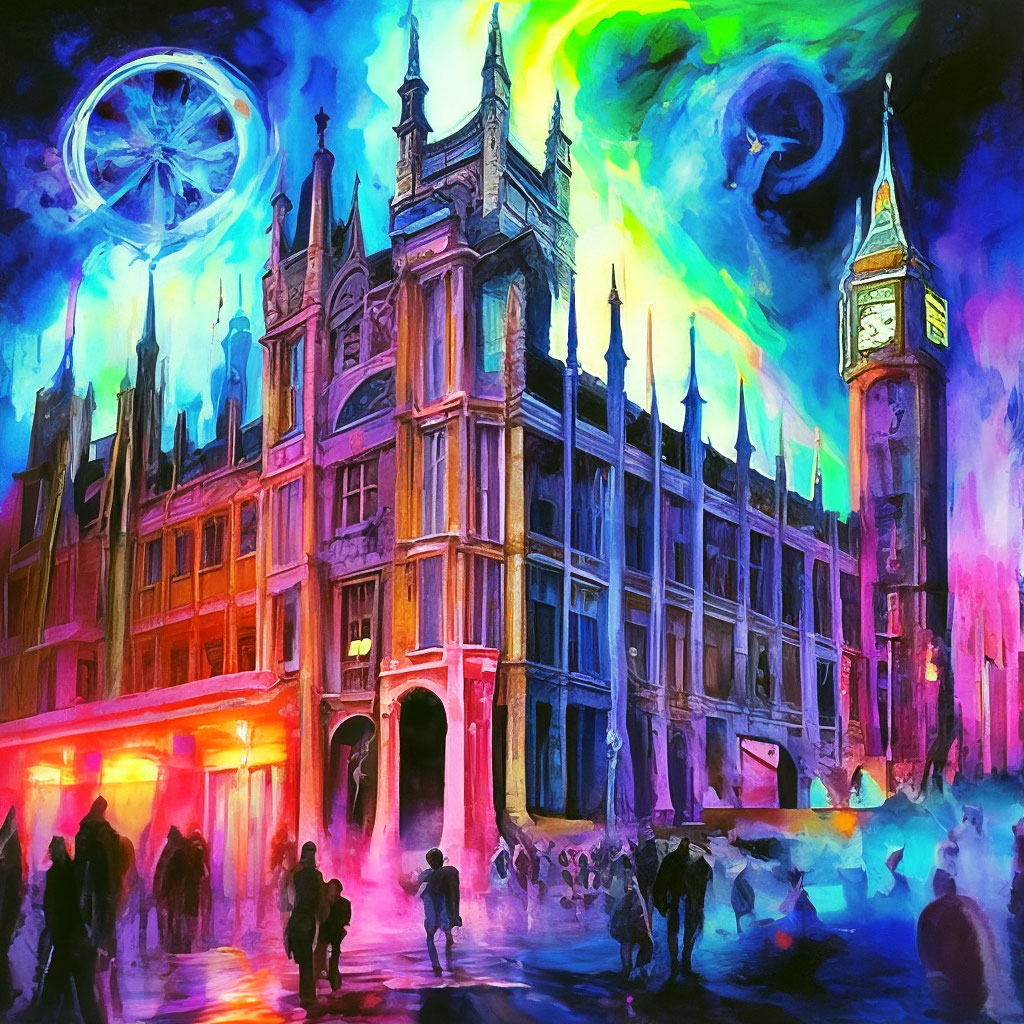 "Mystical london, filigree, colored pencils, pen,ink,bright neon ...