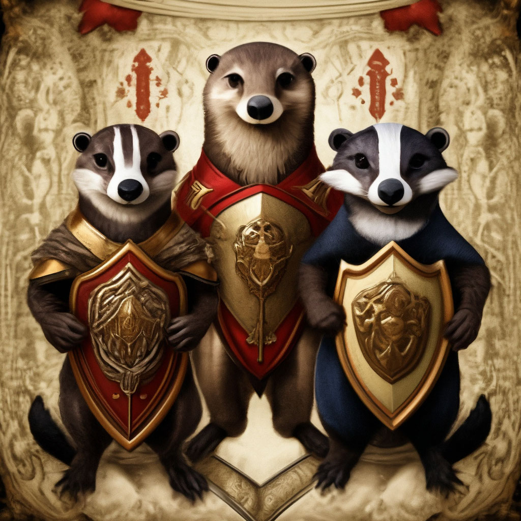 "Otter and European badger, holding a shield, lots of details, in the ...