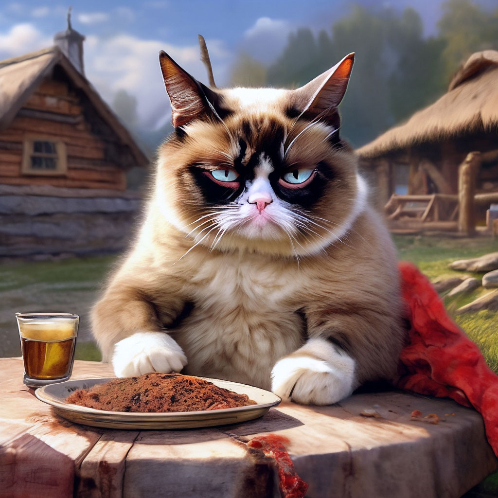 "Grumpy Cat is sitting in a Russian village drinking beer and eating ...