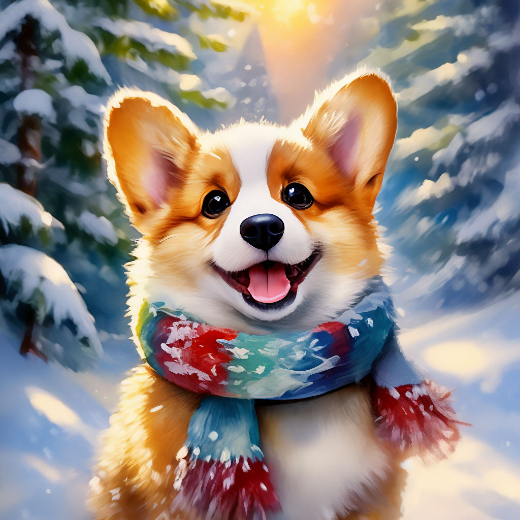 "Watercolor, New Year's atmosphere, happy smiling corgi puppy in a ...