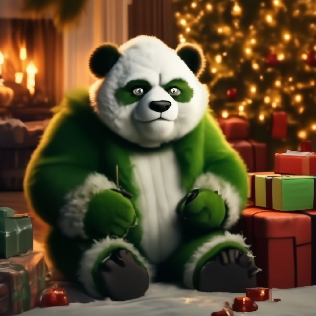 "A pandaren in the image and costume of a green grinch is sitting near ...