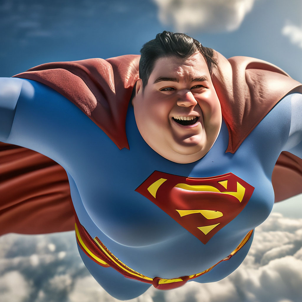 "Fat Superman flies through the sky, fat Superman, facial details ...