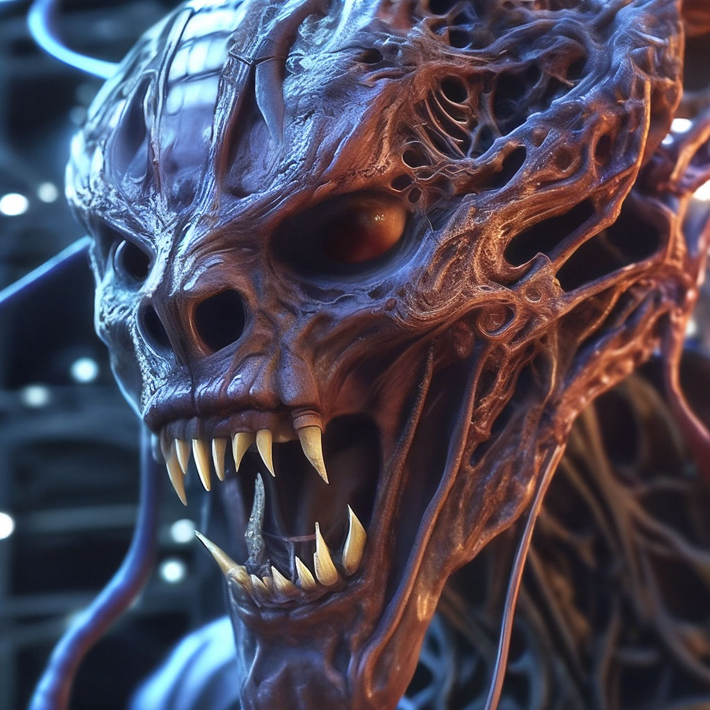 "Neural network demon psycho, fear, wild horror, trembling, symbiosis ...