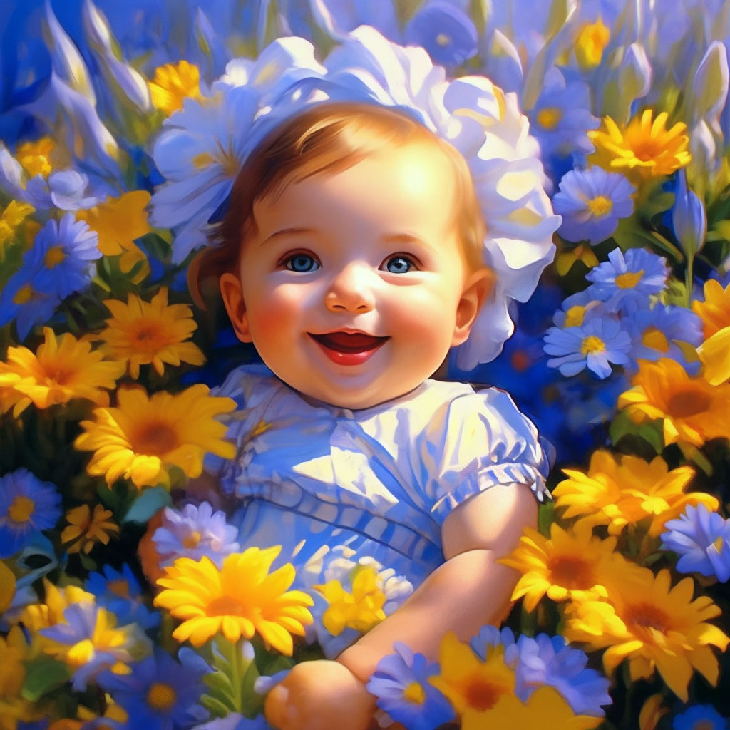 "A beautiful anthropomorphic baby sits in cornflowers, bright colors ...