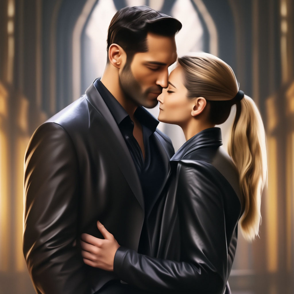 "Lucifer and Chloe. A kiss in the library . Lucifer in a suit, Chloe in ...