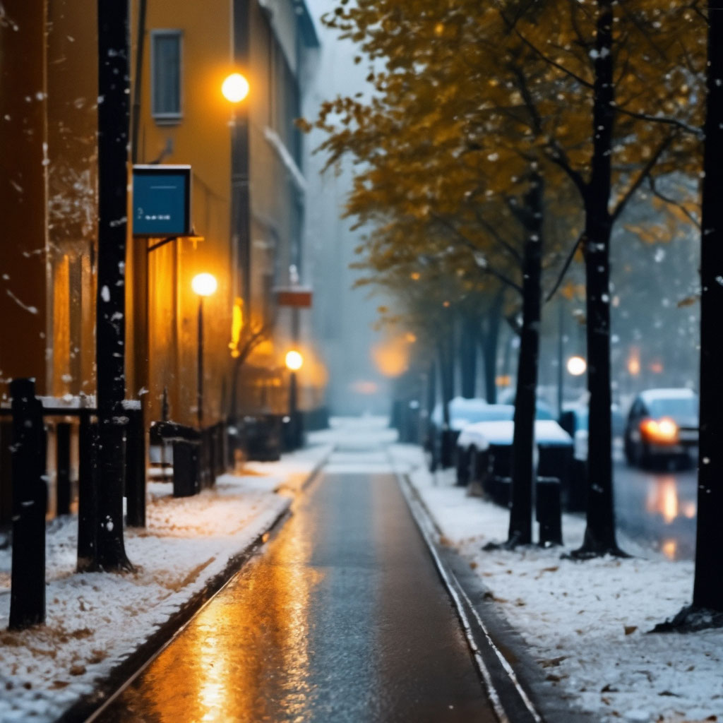 "The first snow,urban landscape, snowflakes falling, bright autumn ...
