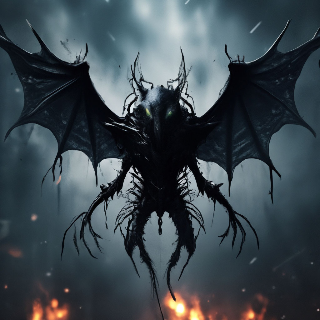 "Creepy black monsters with webbed wings fly in the dark" — image ...